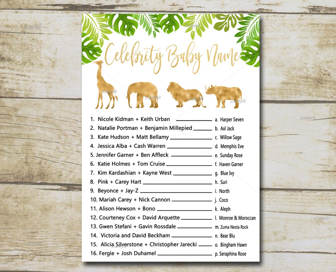 Gold Safari Baby Shower Game, Celebrity Baby Names Game, Safari Jungle ...