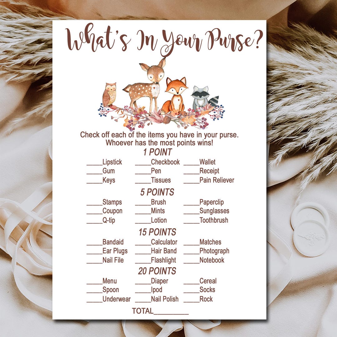Woodland Baby Shower Game, Whats in Your Purse Game, Woodland Forest ...