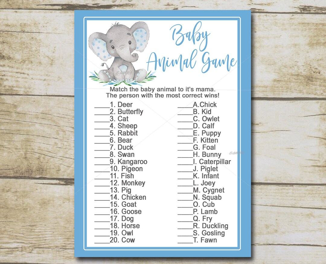 Boy Elephant Baby Shower Game, Baby Animal Game, Blue Elephant Safari ...