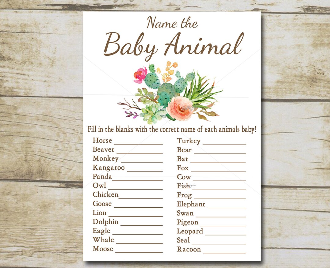 Succulent Baby Shower Game, Name the Baby Animals Game, Cactus Baby ...
