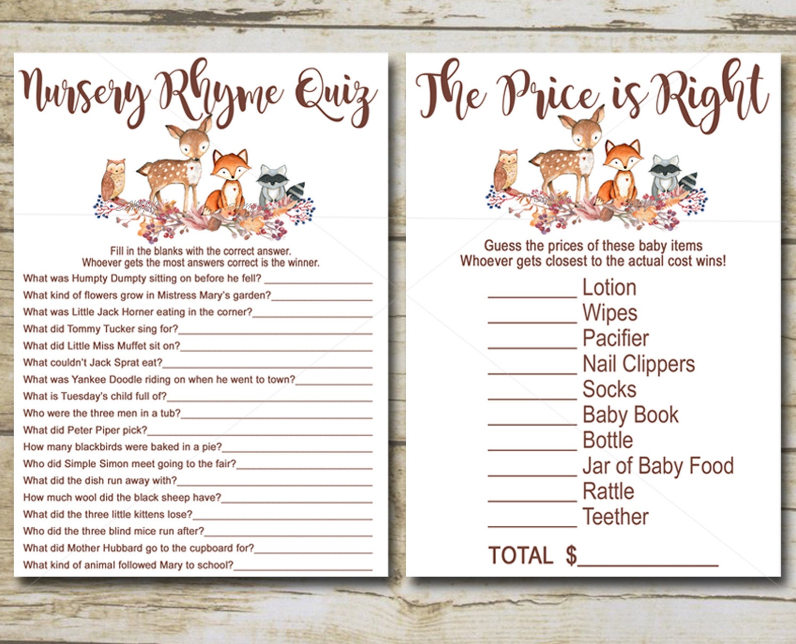 Woodland Baby Shower Game Package 8 Printable Games Woodland - Etsy