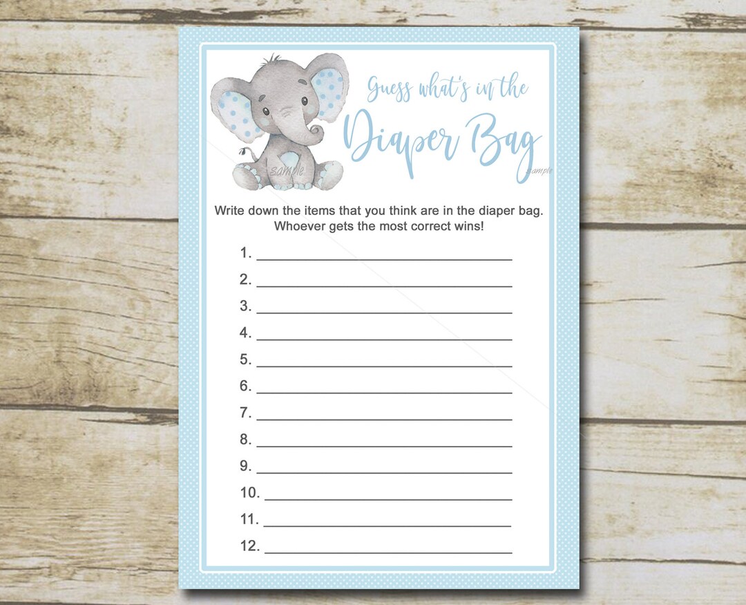 Blue Elephant Baby Shower Game, Whats in the Diaper Bag Game, Boy ...