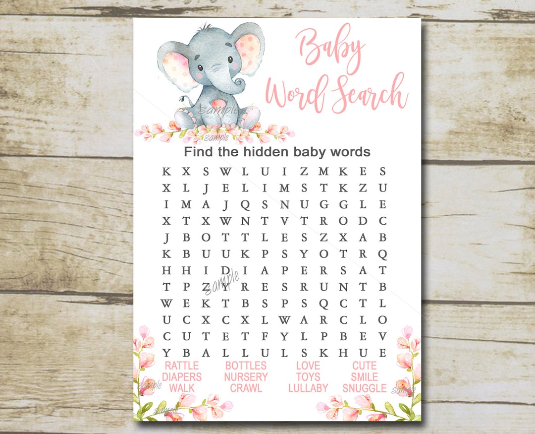 Elephant Girl Baby Shower Game, Word Search Game, Pink Elephant Baby ...