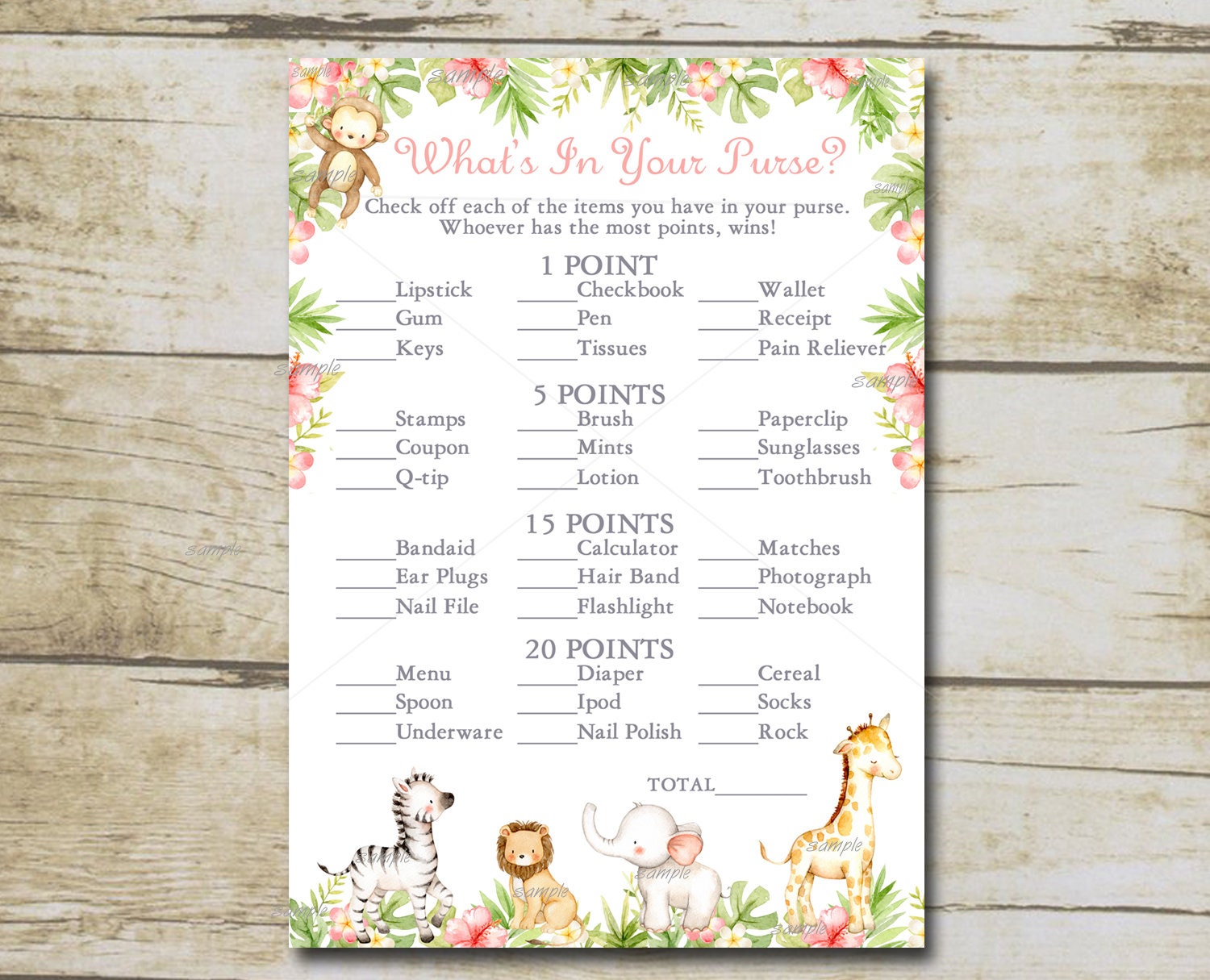 Safari Baby Shower Game, Whats in Your Purse Game, Girl Baby Shower ...