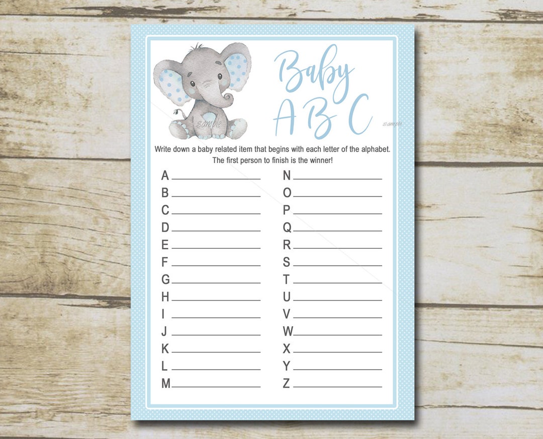 Elephant Baby Shower Game, Baby Abc's Game, Blue Elephant Boy Baby ...