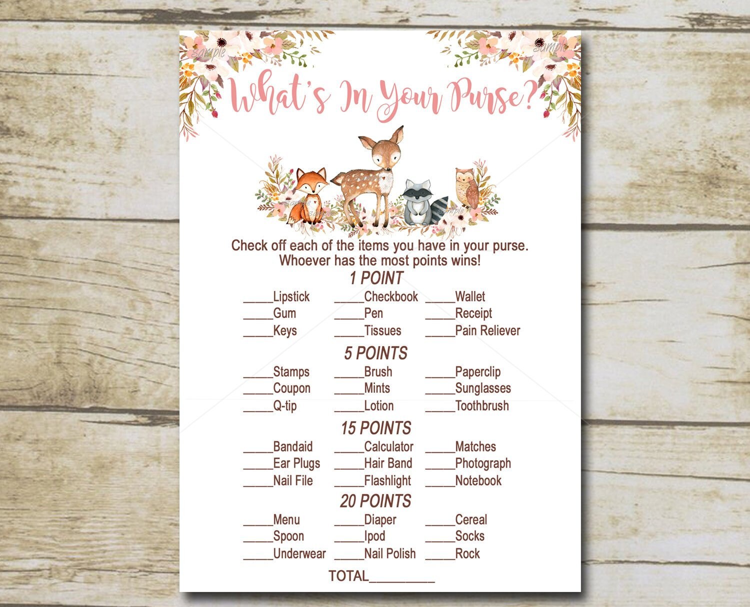 Woodland Baby Shower Game, Whats in Your Purse Game, Pink Girl Woodland ...