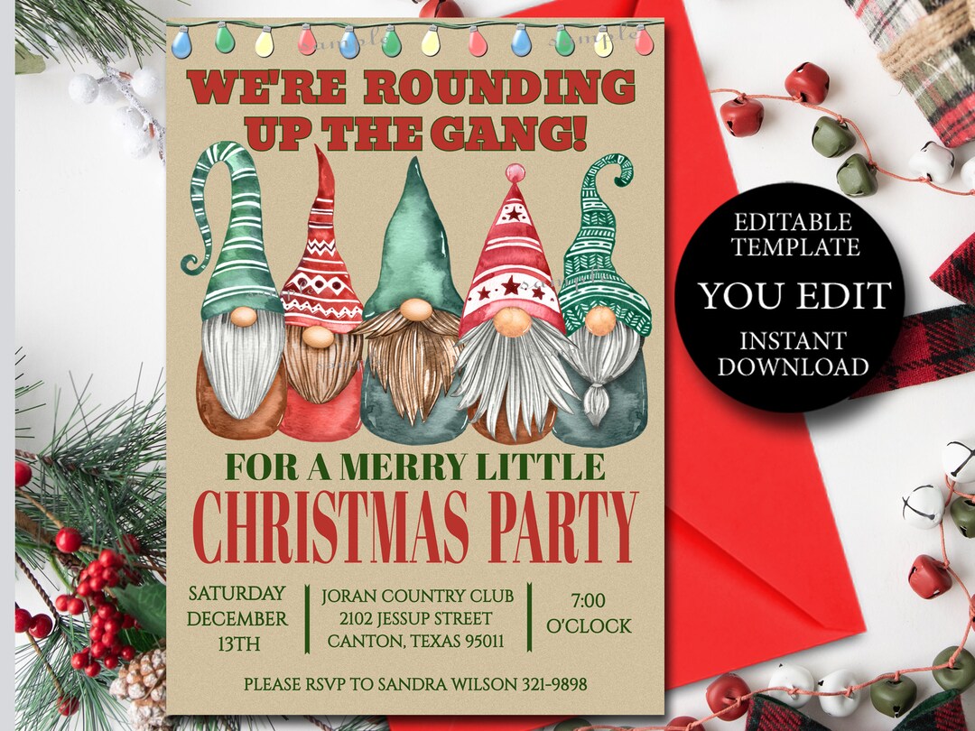 Gnomes Christmas Party Invitation, Editable Invite Template, Fun ...