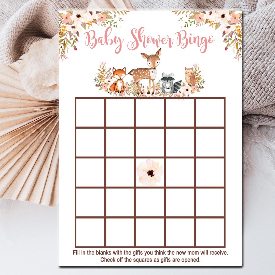 Woodland Baby Shower Bingo Game, Girl Woodland Baby Shower Game, Bingo ...