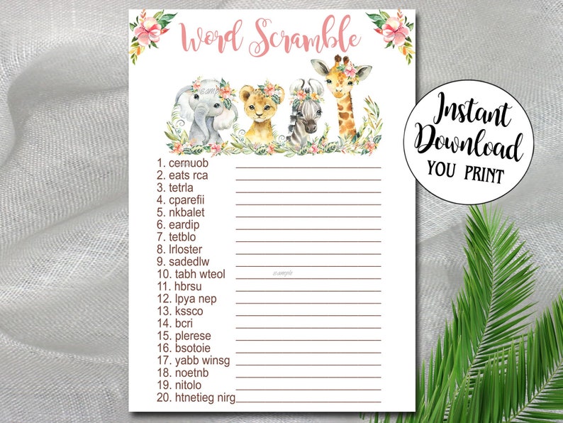 Girl Safari Baby Shower Game, Safari Word Scramble Game, Jungle Baby ...