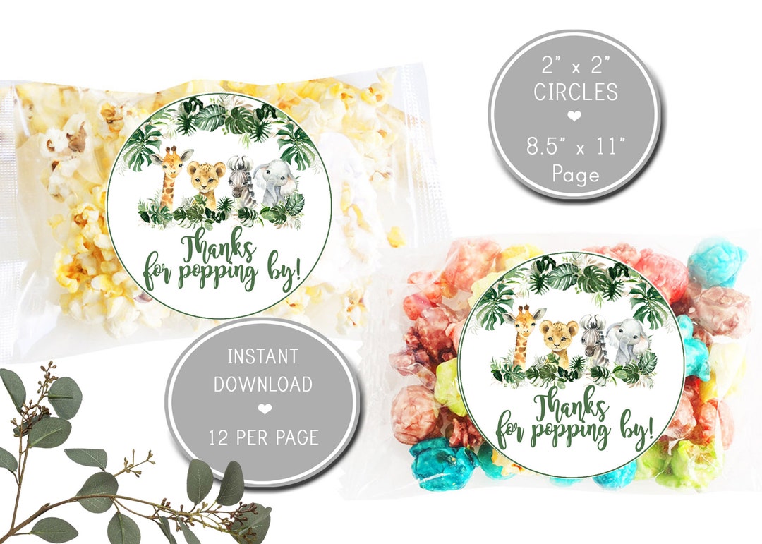 Safari Thanks for Popping by Baby Shower Labels, Jungle Greenery Baby ...