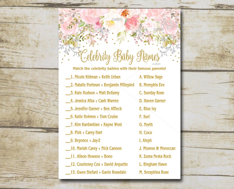 Floral Pink & Gold Baby Shower Game Celebrity Baby Names - Etsy