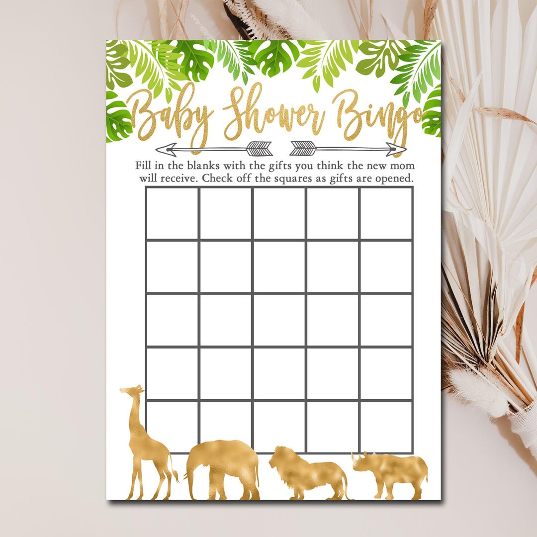 Gold Safari Baby Shower Bingo Game, Safari Greenery Elephant Baby ...