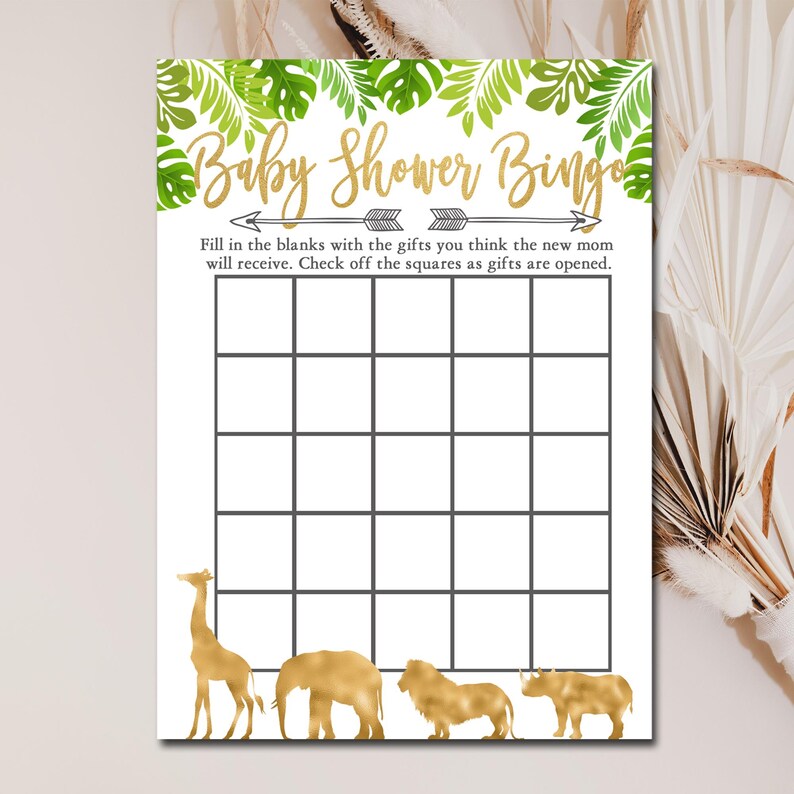 Gold Safari Baby Shower Bingo Game, Safari Greenery Elephant Baby ...