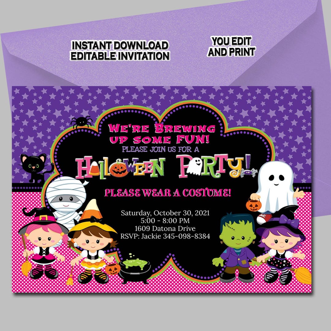 Editable Halloween Party Invitation Template, Children's Costume Invite ...