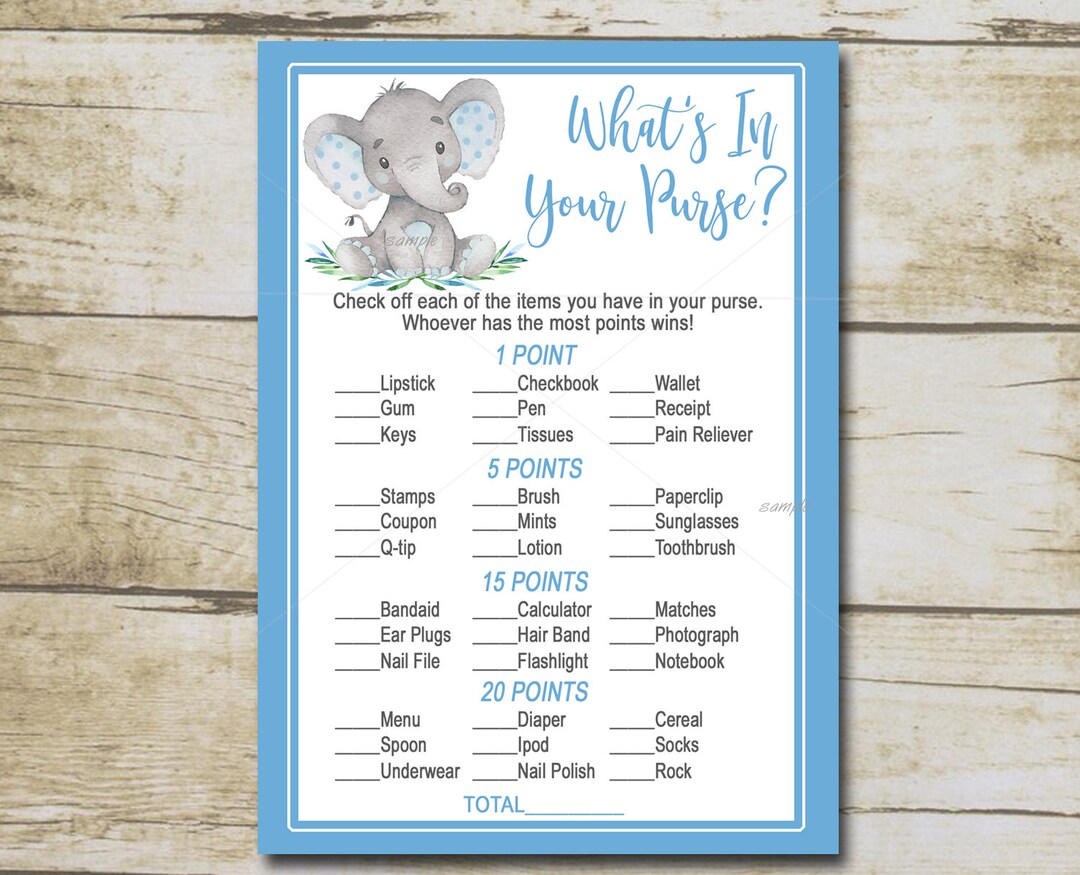 Blue Elephant Baby Shower Game, Whats in Your Purse Game, Boy Safari ...