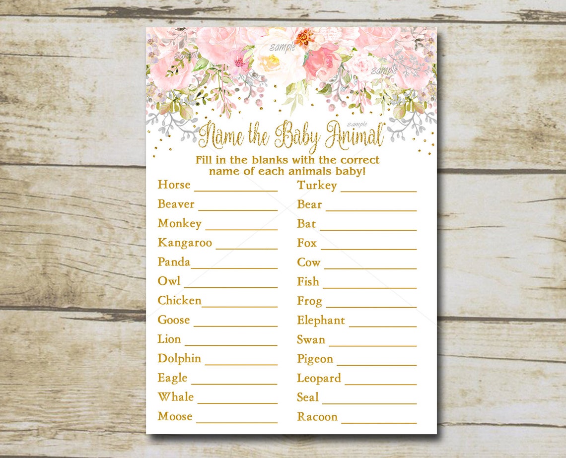 Pink Floral Baby Shower Game, Name the Baby Animals Game, Girl Blush ...