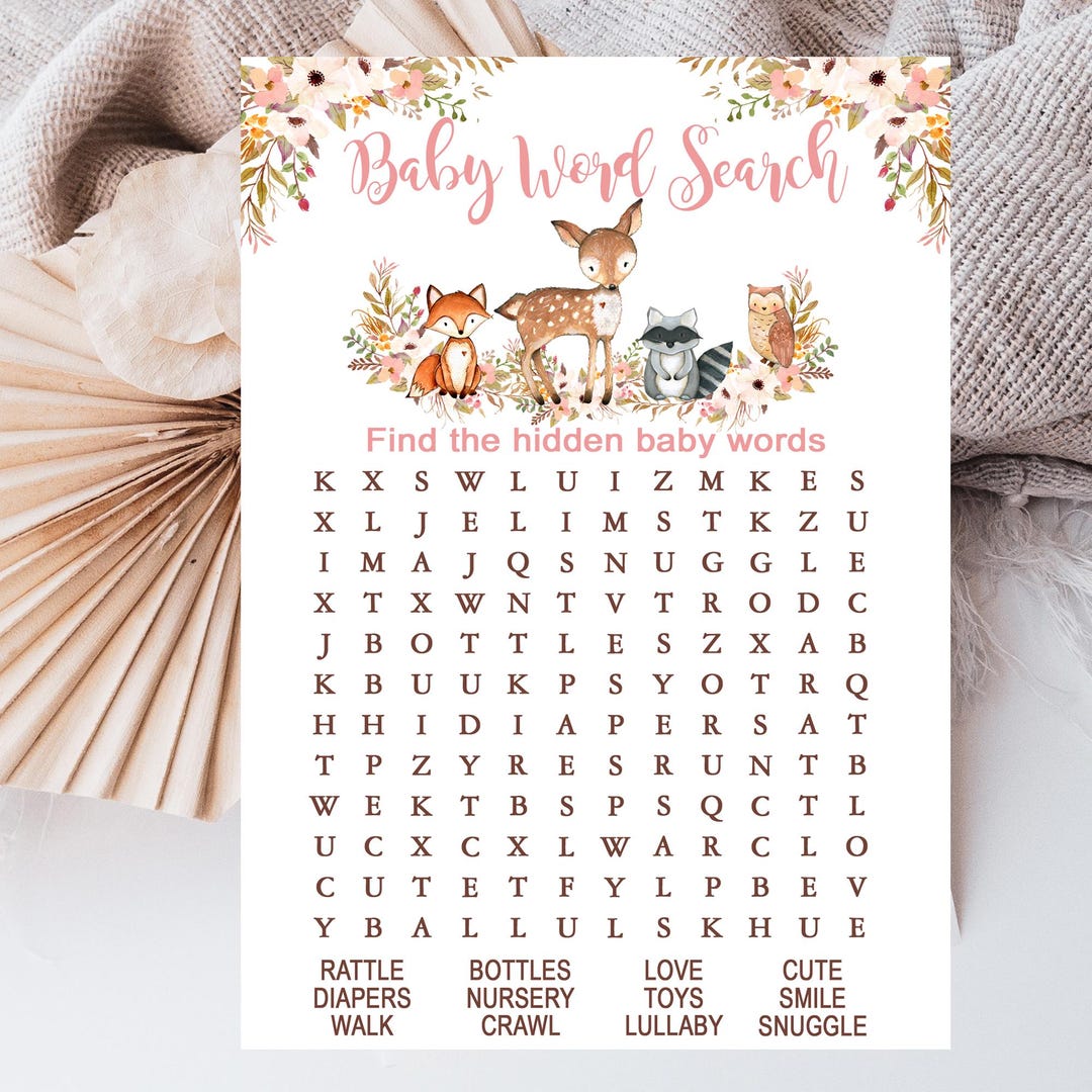Floral Woodland Baby Shower Game, Word Search Game, Girl Woodland ...