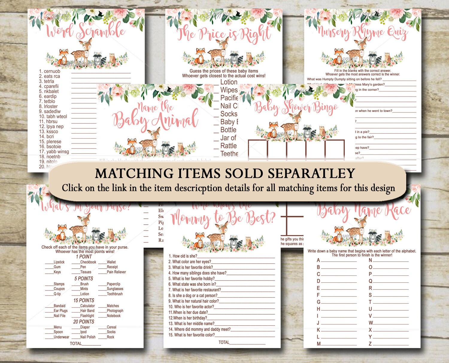 Woodland Baby Shower Game Name the Baby Animals Game Girl | Etsy