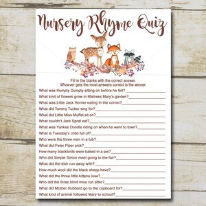 Woodland Baby Shower Game, Nursery Rhyme Quiz Game, Woodland Forest ...