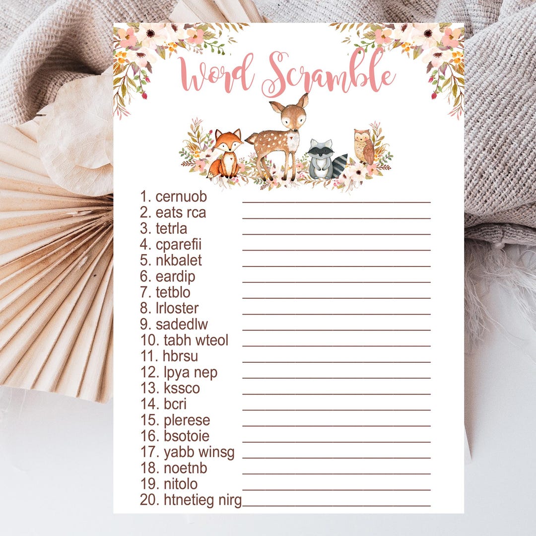 Floral Woodland Baby Shower Game, Word Scramble Game, Pink Girl ...