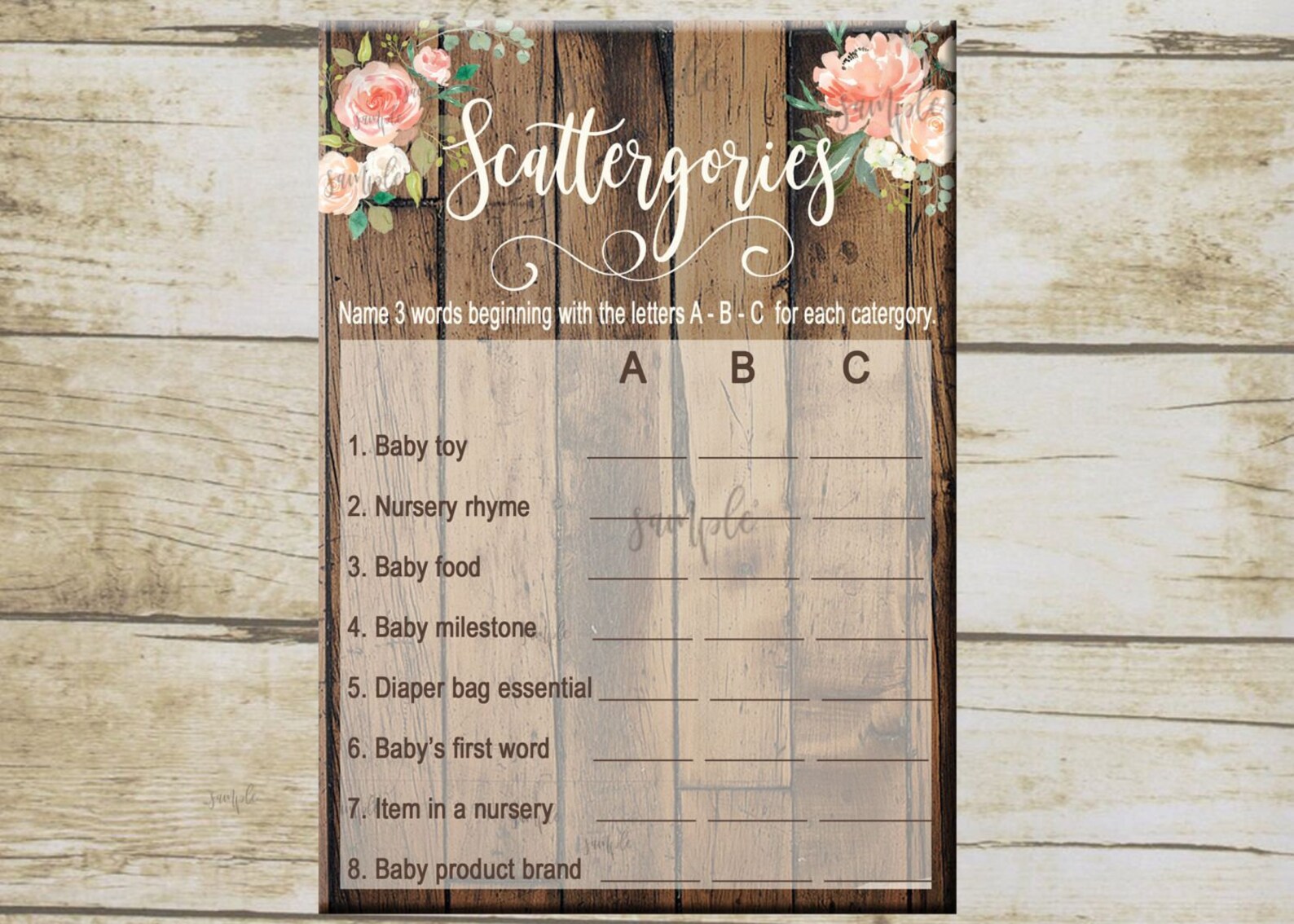 Rustic Baby Shower Game Scattergories Game ABC Vintage Peach | Etsy