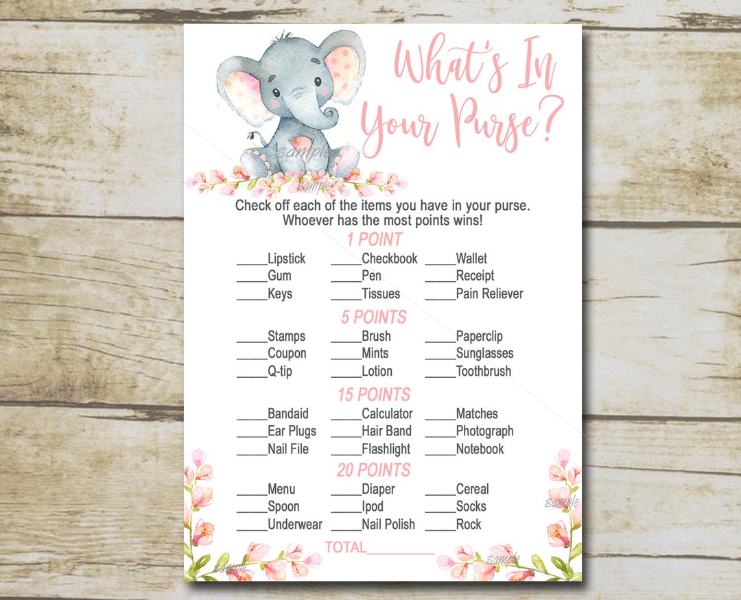 Pink Elephant Baby Shower Game, Whats in Your Purse Game, Girl Safari ...