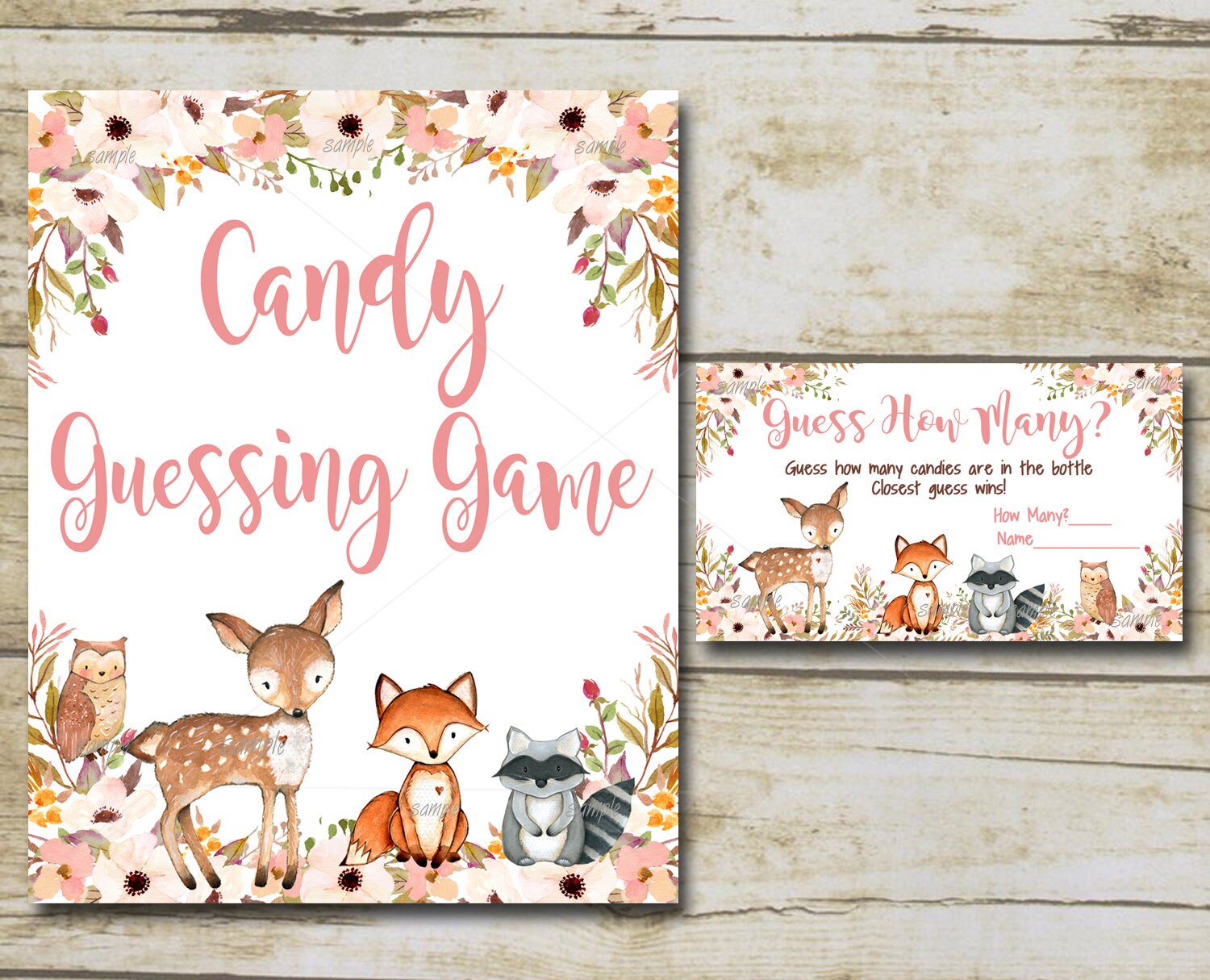 Girl Woodland Baby Shower Guess How Many Candy Guessing Game | Etsy