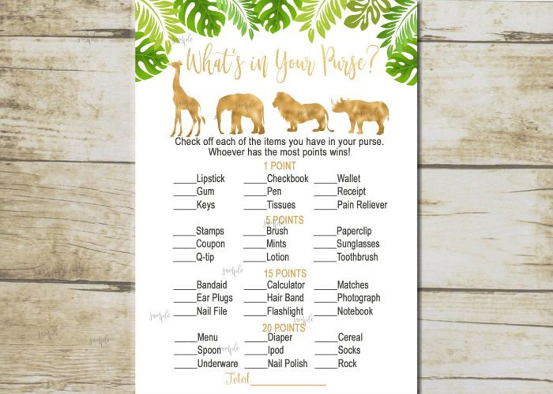 Gold Safari Baby Shower Game Whats in Your Purse Game girl | Etsy