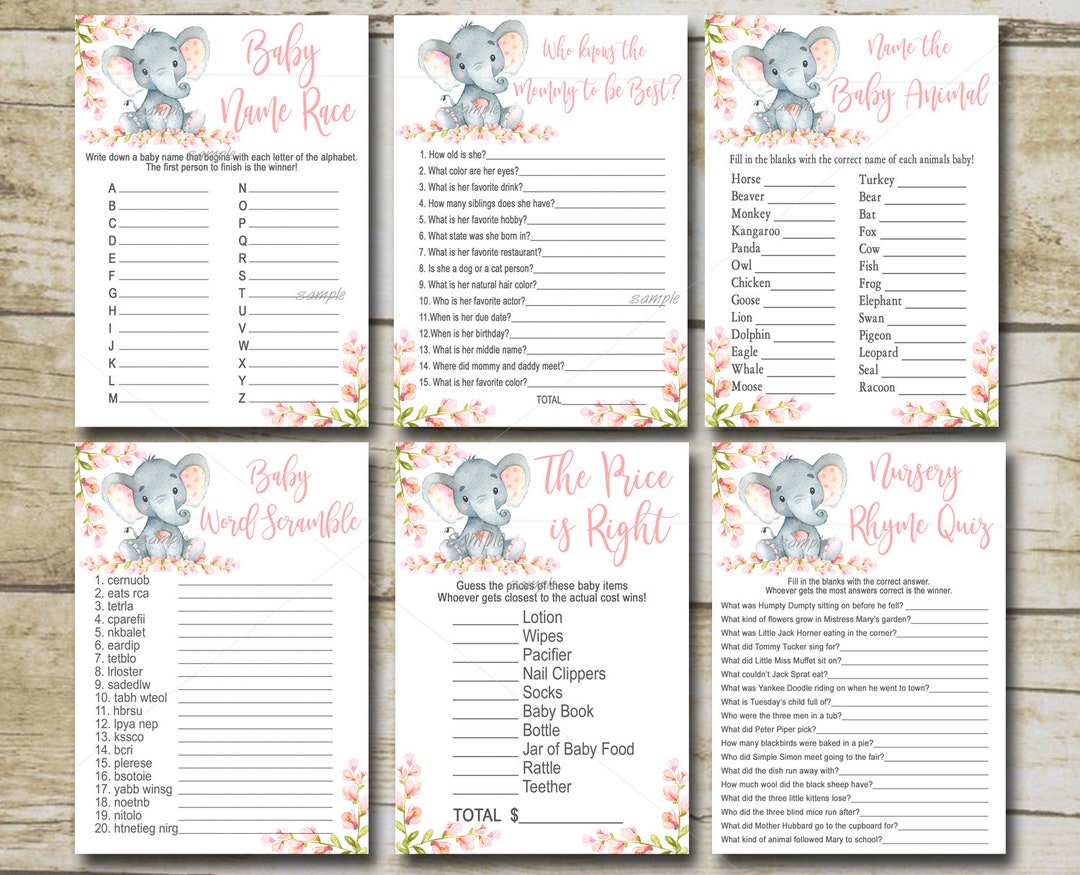 Girl Elephant Baby Shower Game Package Set of 6 Printable Pink Elephant ...