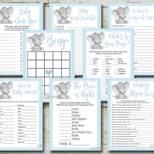 Boy Elephant Baby Shower Game Package Set, 8 Printable Blue Elephant ...