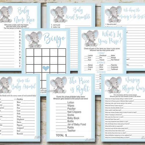 Elephant Baby Shower Games Printable Pack Blue Grey Baby - Etsy