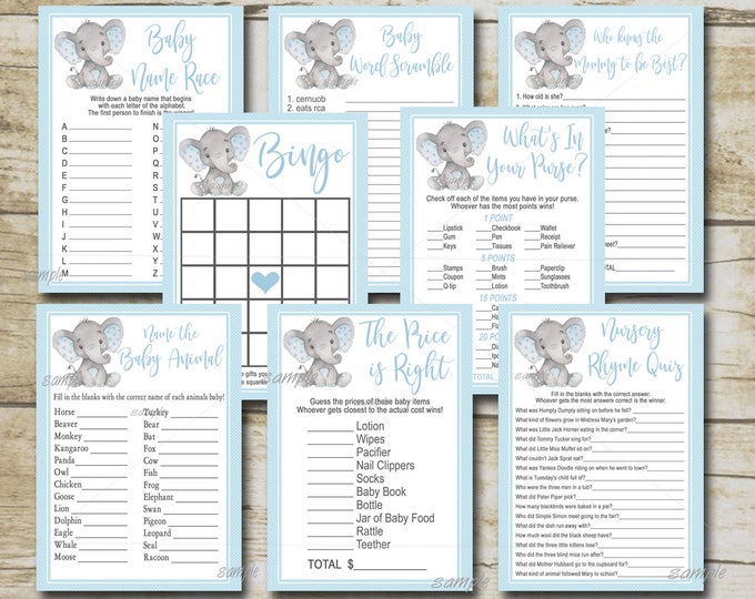 Boy Elephant Baby Shower Game Package Set, 8 Printable Blue Elephant ...