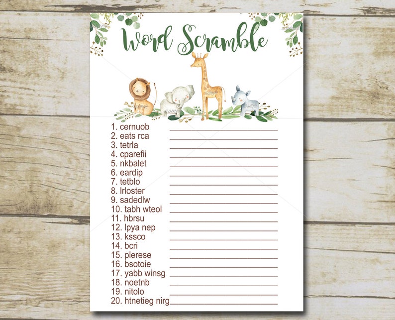Safari Baby Shower Game, Word Scramble Game, Greenery Jungle Animals ...