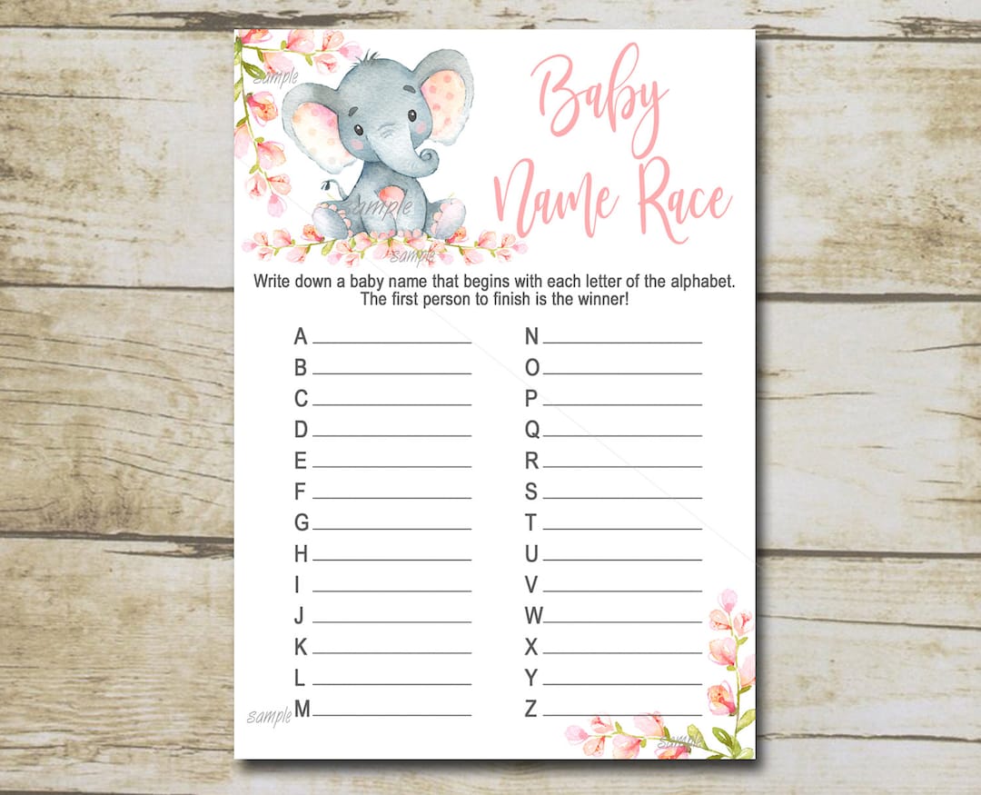Elephant Baby Shower, Baby Names Race Game, Pink Girl Elephant Safari ...