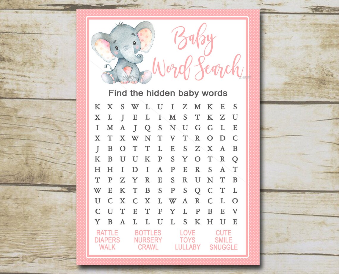 Girl Elephant Baby Shower Game Word Search Game Pink | Etsy