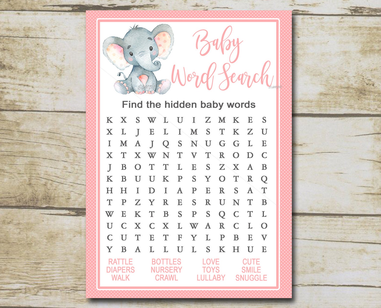 Girl Elephant Baby Shower Game Word Search Game Pink | Etsy