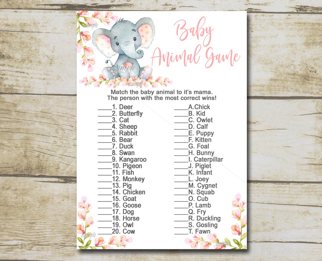 Girl Elephant Baby Animal Baby Shower Game, Floral Pink Girl Elephant ...