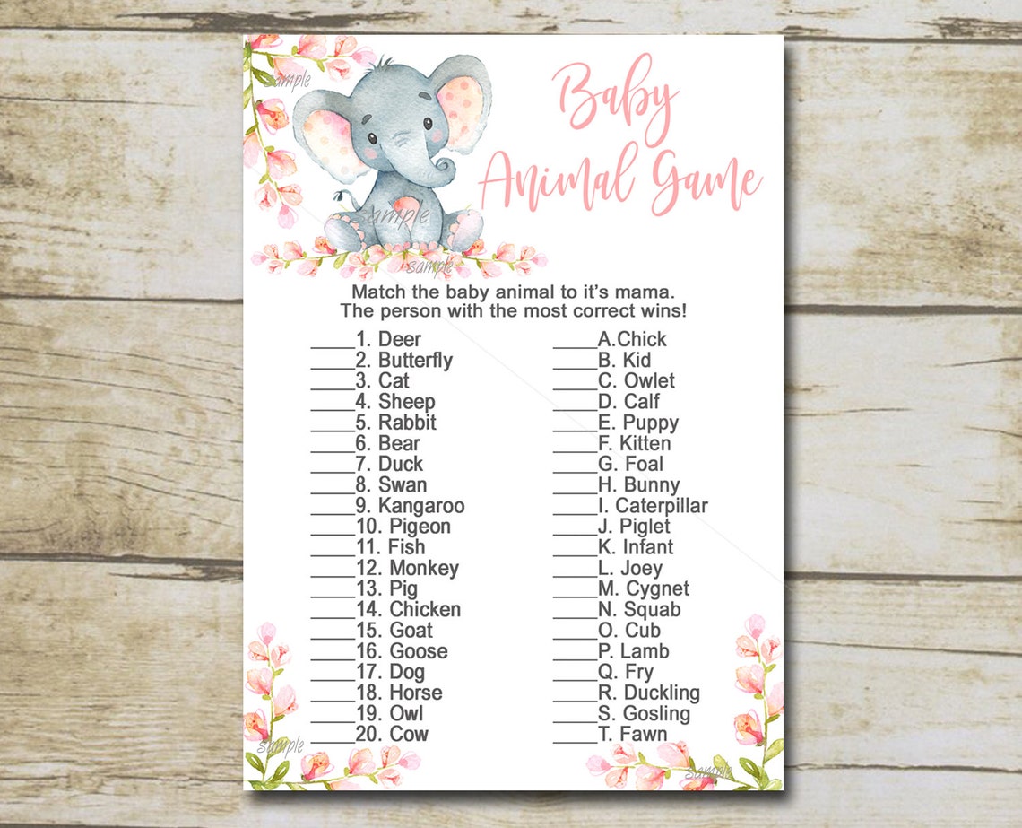 Girl Elephant Baby Animal Baby Shower Game Floral Pink Girl - Etsy
