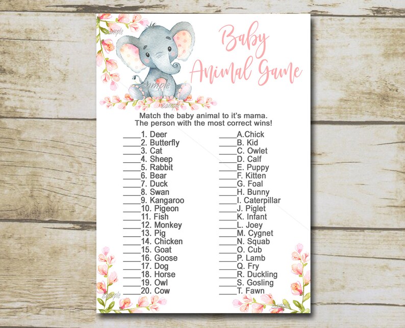 Girl Elephant Baby Animal Baby Shower Game Floral Pink Girl - Etsy