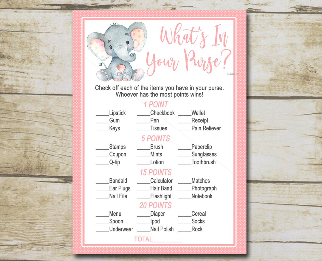 Pink Elephant Baby Shower Game, Whats in Your Purse Game, Girl Safari ...