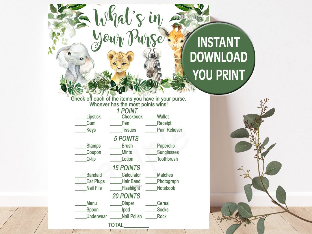 Safari Baby Shower Game, Safari What's in Your Purse Game, Jungle Baby ...