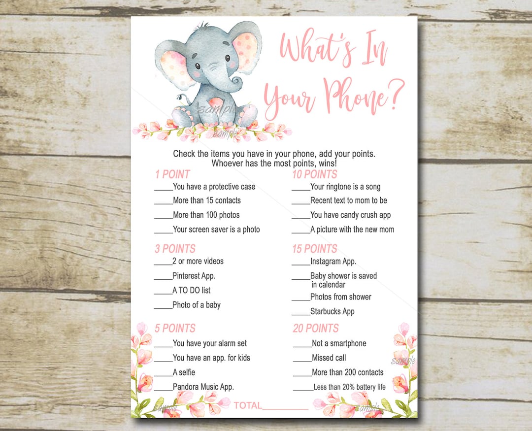 Pink Elephant Baby Shower Game, Whats in Your Phone Game, Floral Girl ...