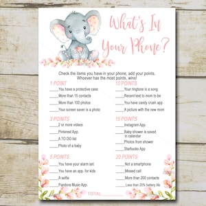 Pink Elephant Baby Shower Game Whats in Your Phone Game - Etsy