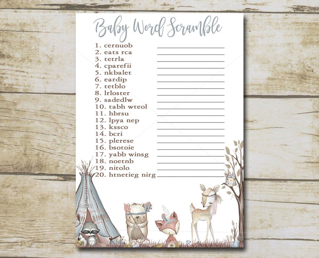 Boy Woodland Baby Shower Game, Word Scramble Game, Blue Boho Woodland ...