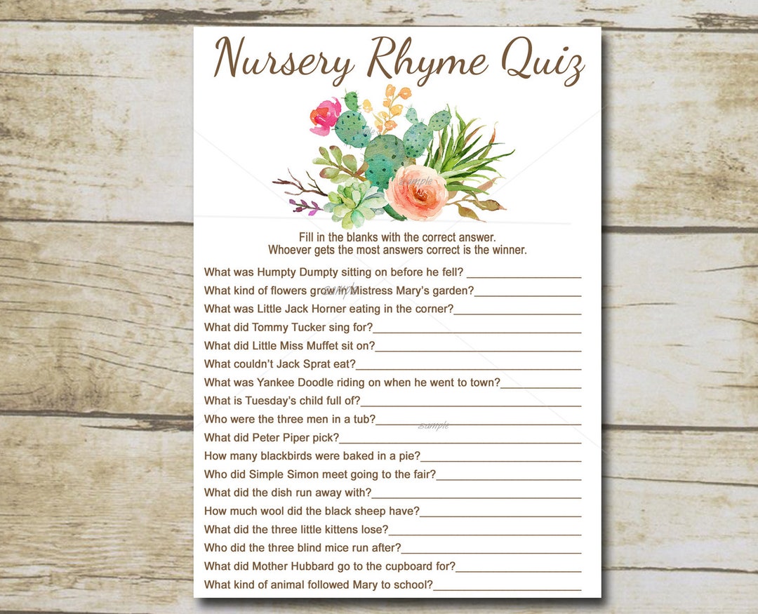 Cactus Baby Shower Game, Nursery Rhyme Quiz Game, Succulent Baby Shower ...