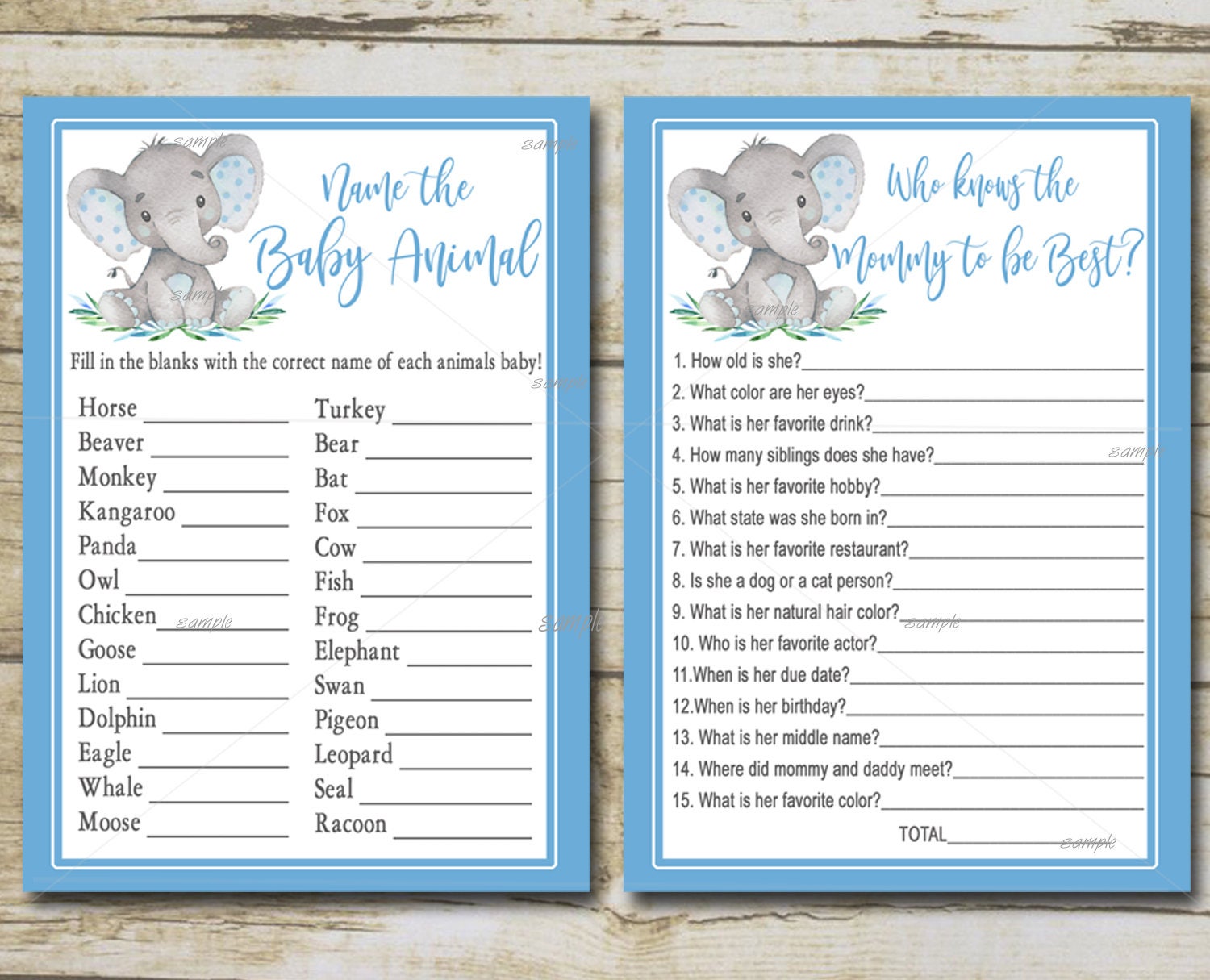 Blue Boy Elephant Baby Shower Game Package Set 8 Printable | Etsy Canada