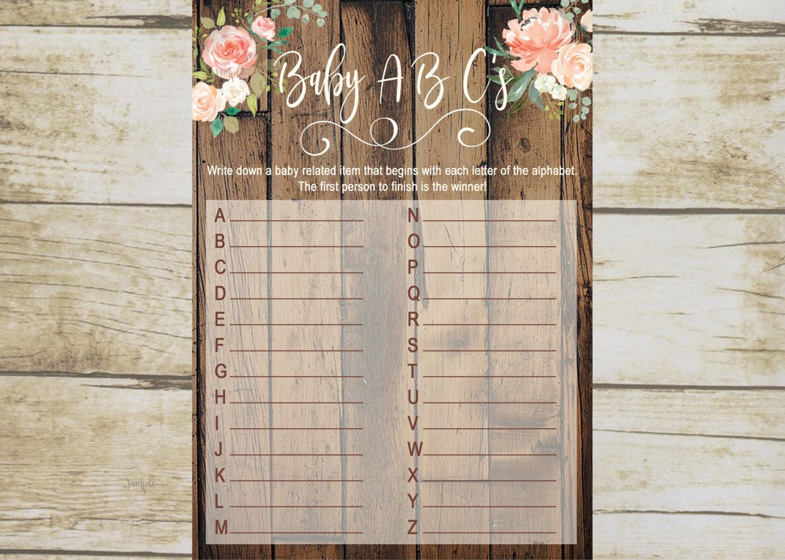 Rustic Baby Shower Game, Baby Abcs Game, ABC Vintage Peach Floral Barn ...