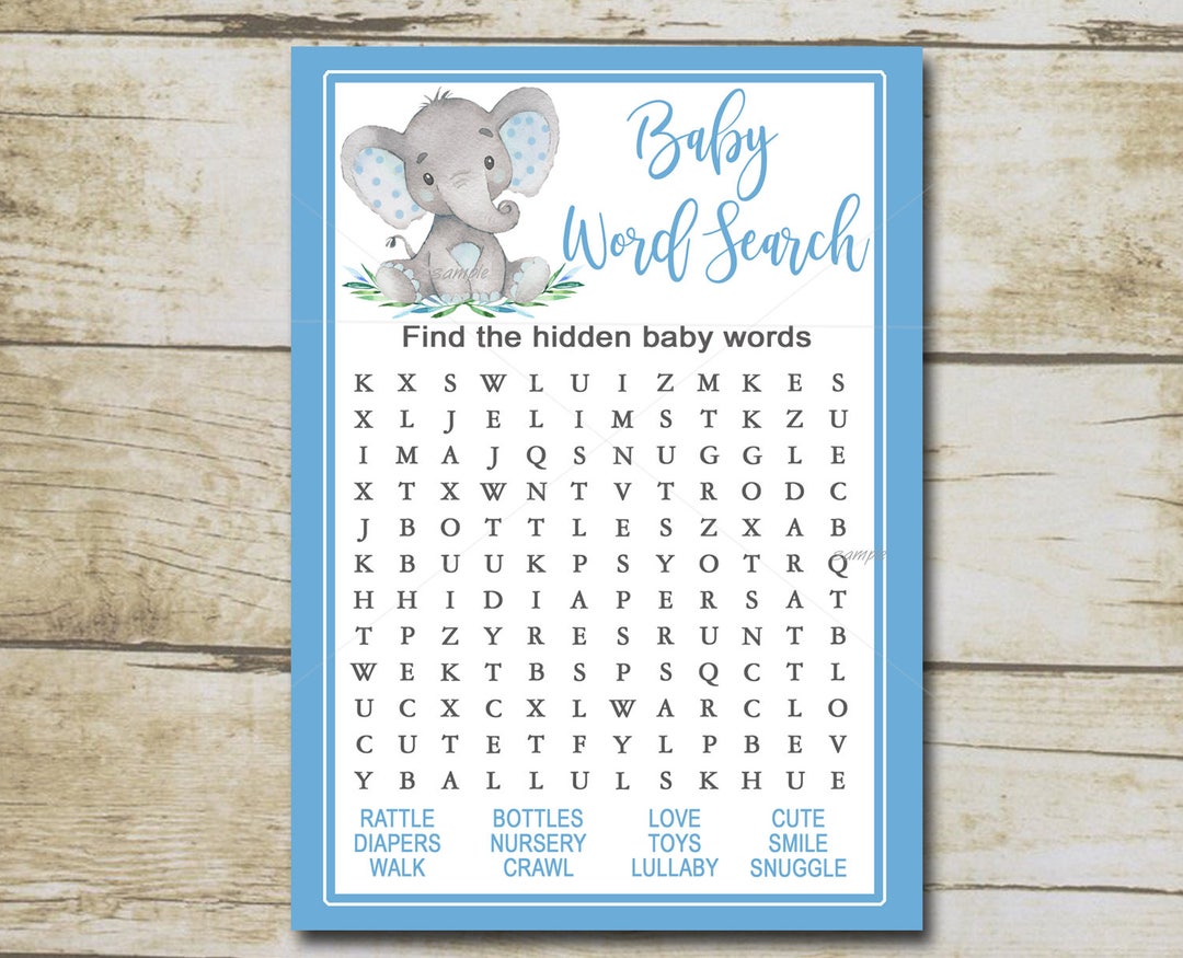 Boy Elephant Baby Shower Game, Word Search Game, Blue Elephant Boy Baby ...