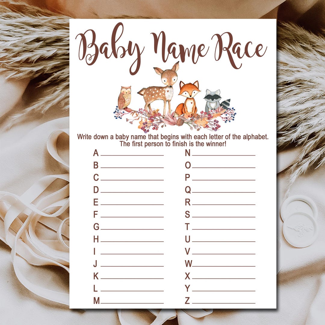 Woodland Baby Shower Game, Baby Names Race Game, Boho Woodland Forest ...