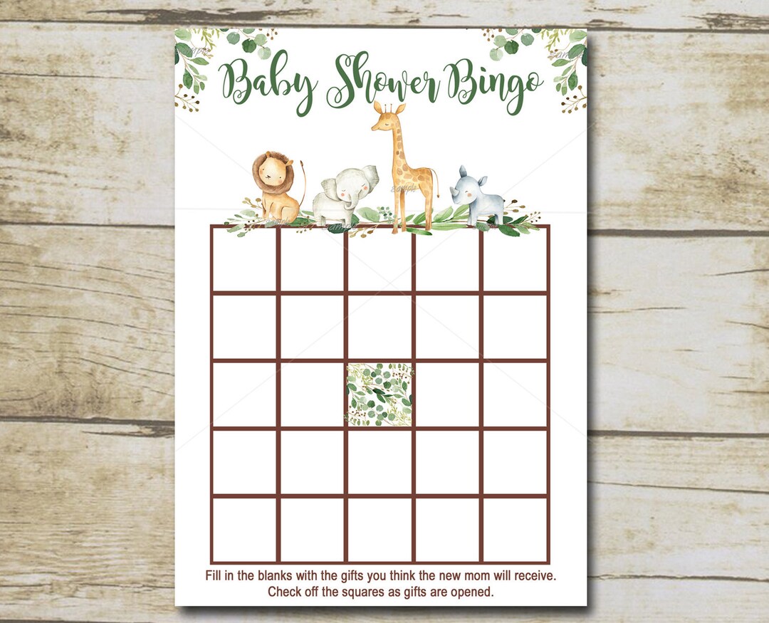 Safari Baby Shower Bingo Game, Greenery Jungle Animal Elephant Baby ...
